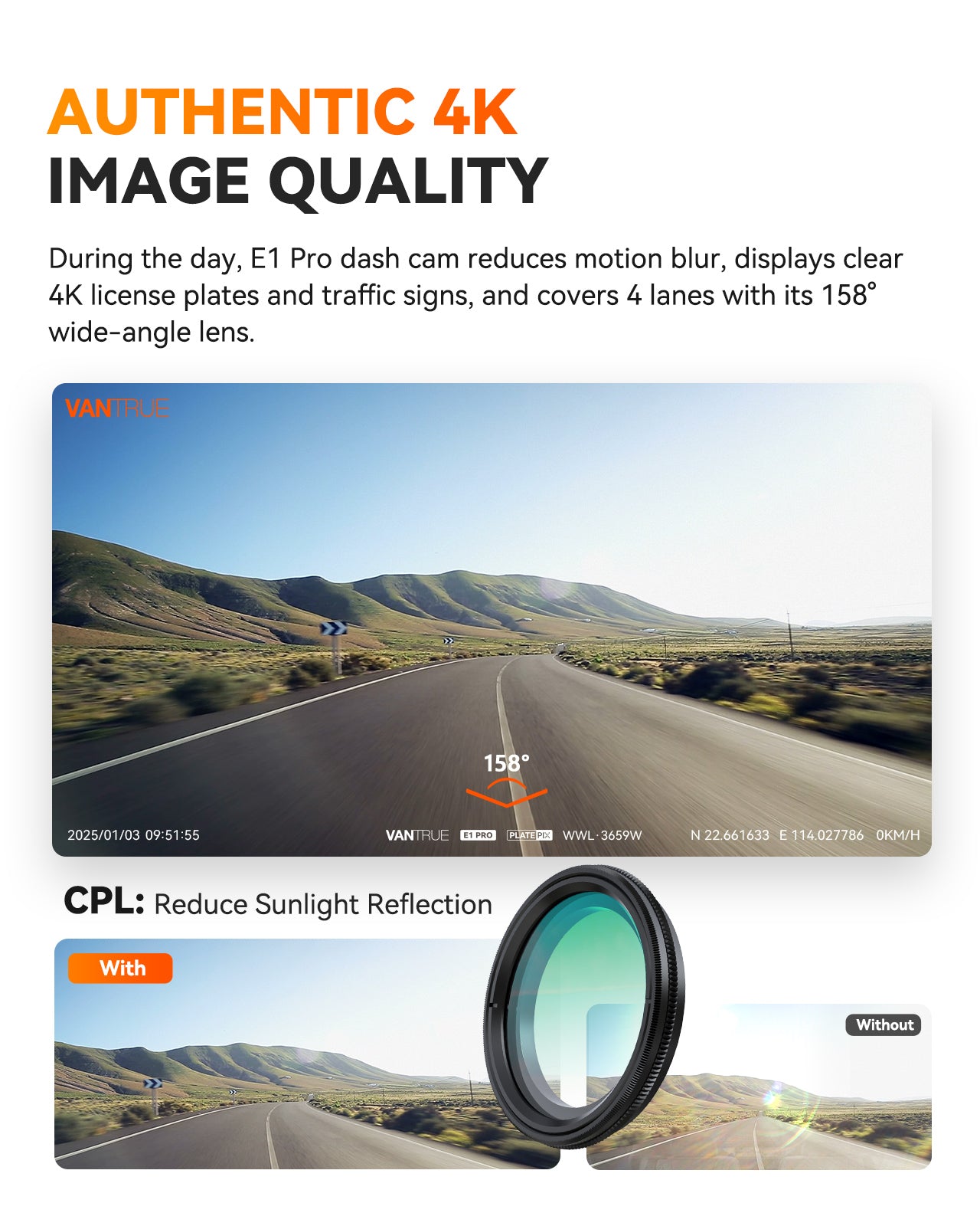 Vantrue E1 Pro 4K Mini Dash Cam | GPS, WiFi, HDR, Voice Control, LTE Ready