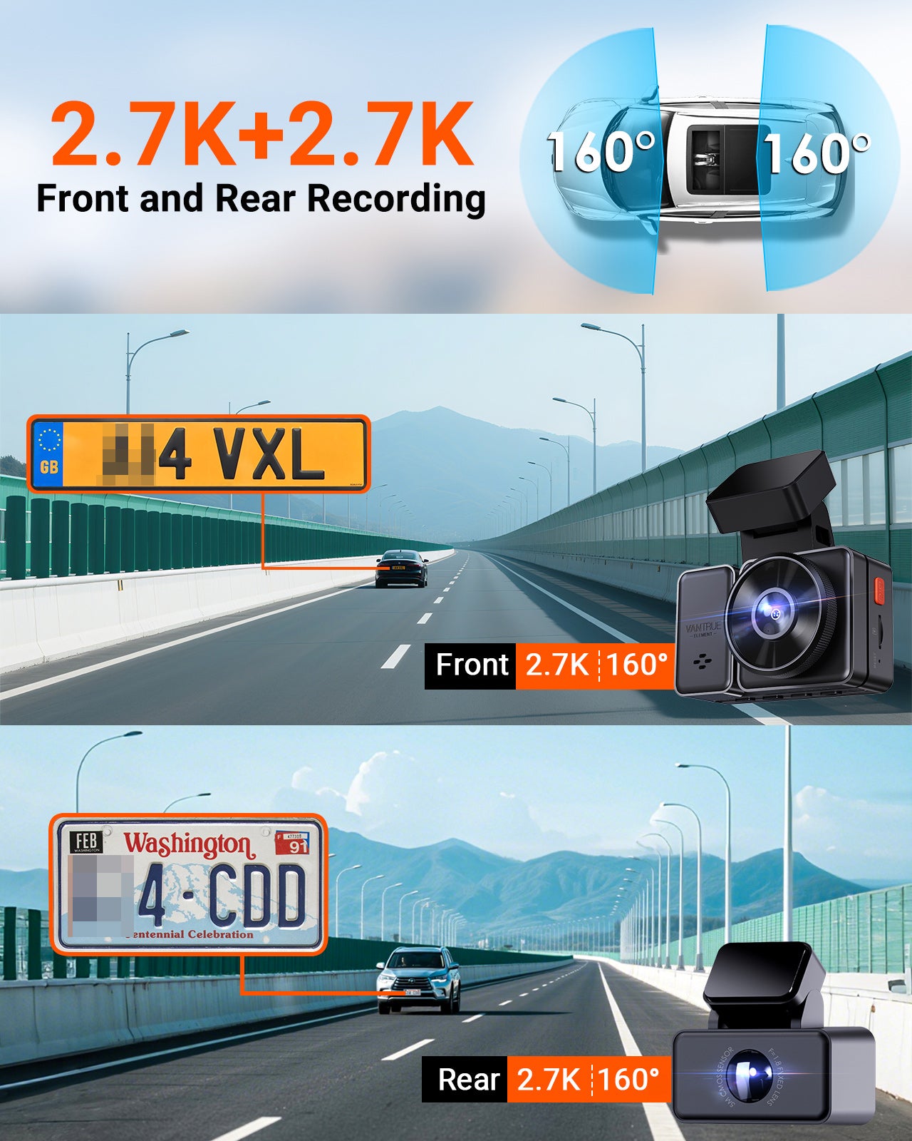 Vantrue E2 Dual Dash Cam | 2.7K Front & Rear | WiFi, GPS, Night Vision