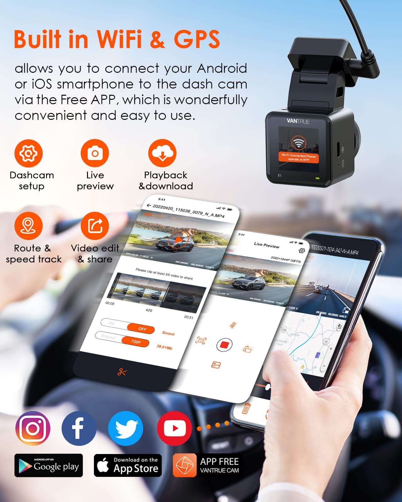 Vantrue E1 Dash Cam 1944P | GPS, Voice Control, HDR, WiFi App